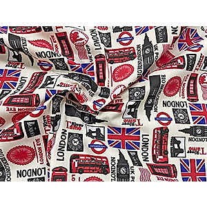 AMORNPHAN 45 Inch London British Big Ben Bus Great England United Kingdom UK England Flag Country Printed Cotton Fabric for Patchwork Needlework DIY Handmade Sewing Crafting Home Decoration For 1 Yard