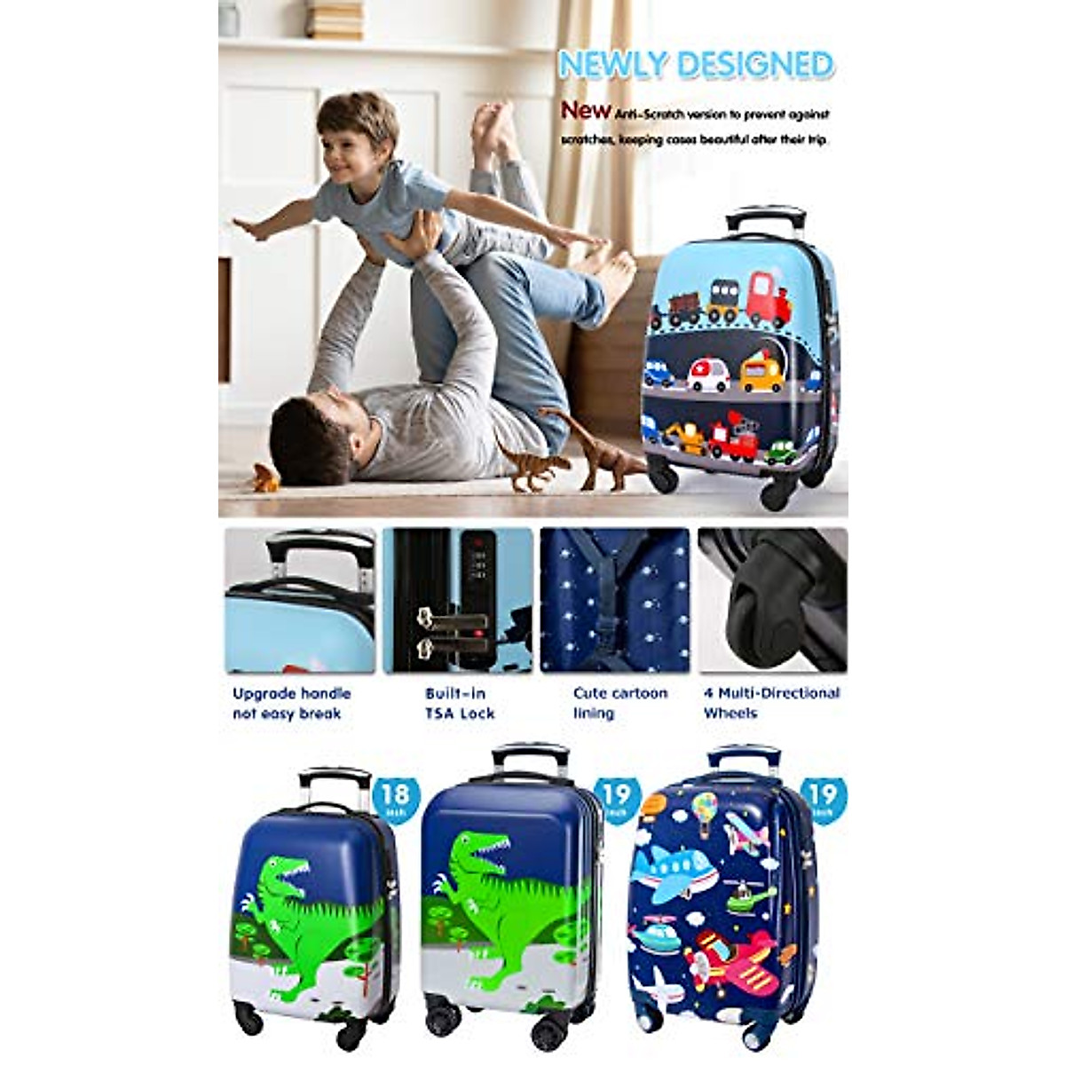 Lttxin Kids Rolling Luggage with Wheels Hard Shell Carry On Suitcase 18 inch for Toddler Boys Veholes