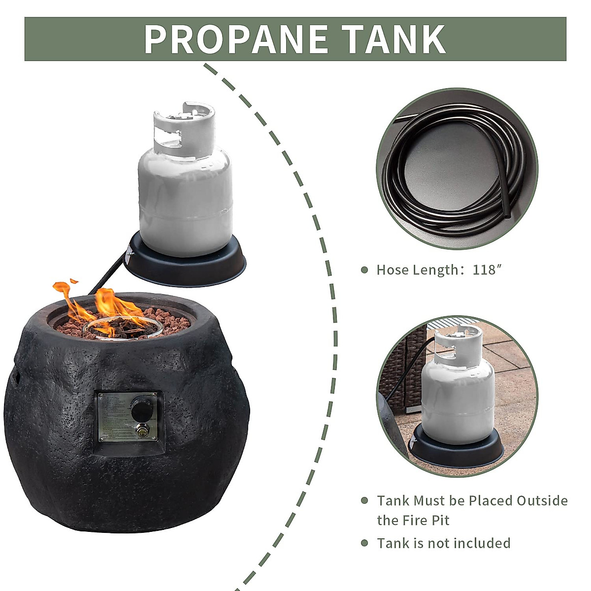 COSIEST Outdoor Propane Fire Pit w 23" Faux-Stone Base, Jar Shaped Fire Table w 40,000 BTU Stainless Steel Burner, Free Lava Rocks, Faux-Wood lid, Waterproof Cover for Coffee Table, Stool (Black)