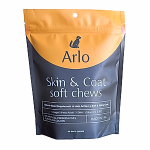 Arlo Pet Supplies Skin and Coat Supplement for Dogs, 60 Soft Chews, Omega 3 Fatty Acids, DHA, Vitamins E and C, Restore Soft, Shiny Hair and Diminish Irritation, Made in USA