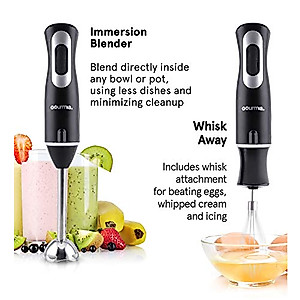 Gourmia GHB2360 12 Speed Illuminating Immersion Hand Blender with Turbo Mode - Comfortable Ergonomic Handle - Whisk Attachment Included - Integrated LED Spotlight - 300 Watt Motor - Black