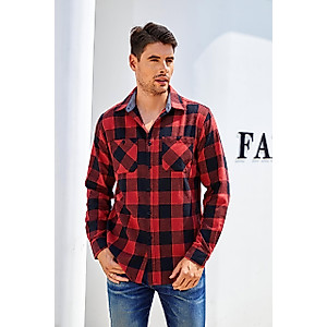WARHORSEE Flannel Shirt for Men Long Sleeve Regular Fit Button Down Casual Plaid Shirt,RED,L