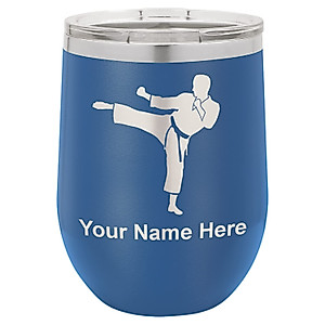 LaserGram Double Wall Stainless Steel Wine Glass Tumbler, Karate Man, Personalized Engraving Included (Dark Blue)