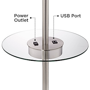 360 Lighting Caper Modern Floor Lamp with Tray USB and AC Power Outlet on Table Glass 60.5" Tall Satin Nickel White Fabric Drum Shade for Living Room Reading House Bedroom