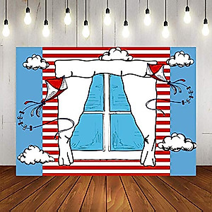 Cartoon Blue Window Backdrops for Photography Kids Birthday Party Background 5x3ft Blue Red Kite Striped Kids Party Backdrop Boys Girls 1st Birthday Decorations Cake Table Banner Photo Booth Props