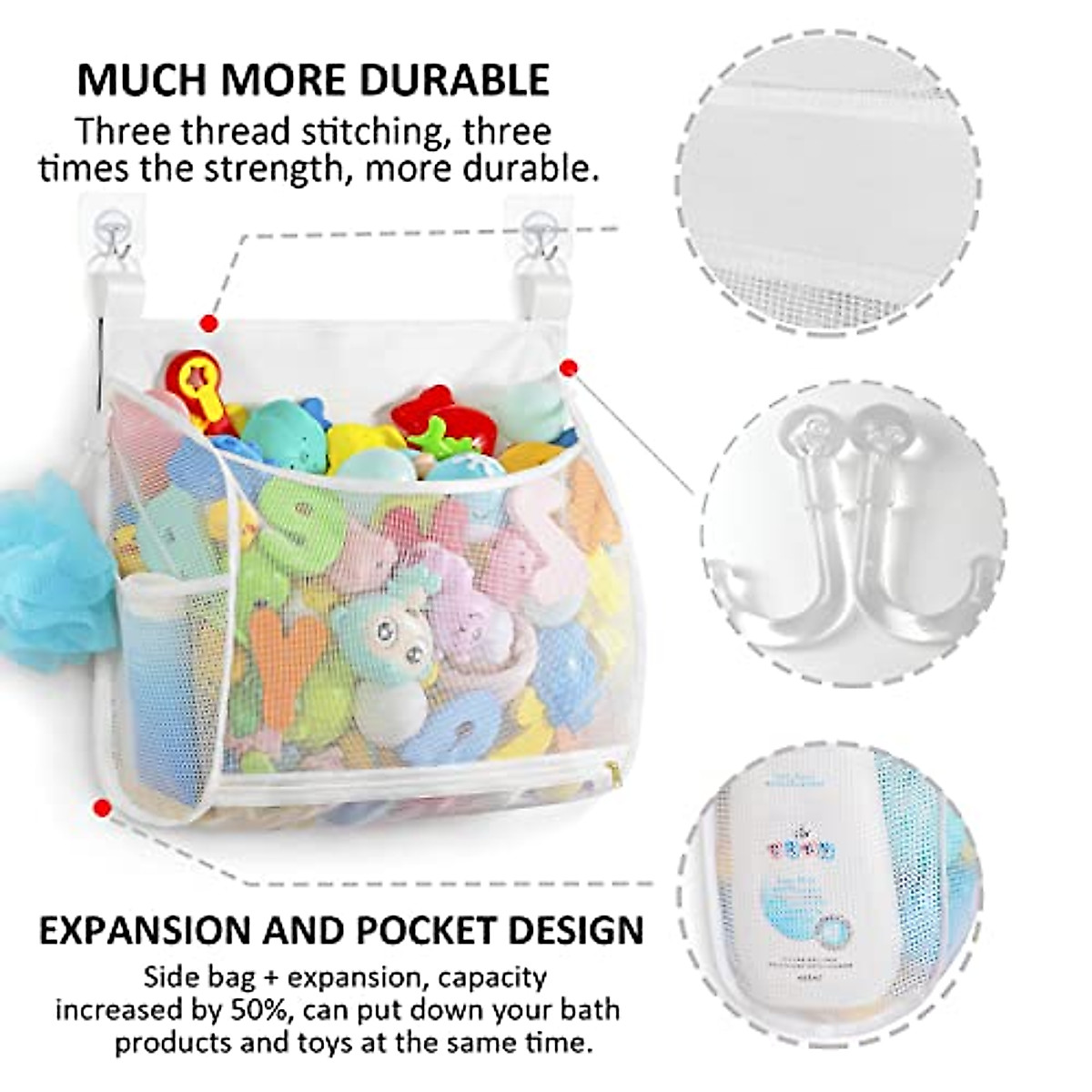 Ligereza Baby Mesh Bath Toy Organizer, Multiple Ways to Hang, Ultra Large Capacity & Large Opening, Bathroom Toy Holder, Bath Toy Storage Bag with 2 Side Pockets (Large White)