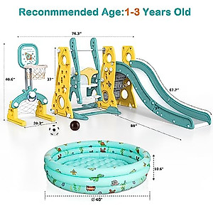 Amictoy Toddler Slide and Swing Set, 6 in 1 Kids Climber Playset for Toddlers Age 1-3, Freestanding Baby Slide Indoor Outdoor Playground w/Basketball Hoop, Swing and Ball Pool