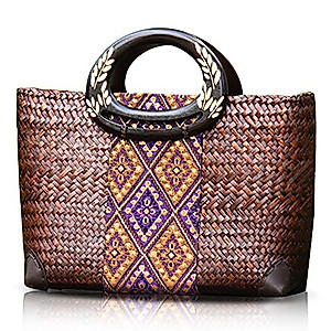 QTKJ Women Summer Retro Straw Bag with Printing Hand-woven Beach Handbag Leaf Pattern Wooden Handle Boho Tote Bag Shopping and Travel Large Bag (Brown)