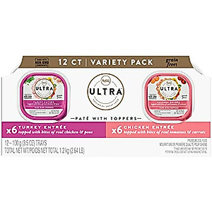 NUTRO ULTRA Adult Grain Free Soft Wet Dog Food, Variety Pack, Chicken Entrée Paté and Turkey Entrée Paté with Toppers, (12) 3.5 oz. Trays