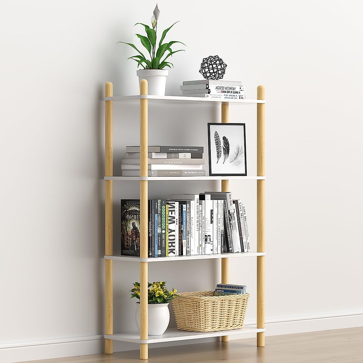 FASTSPOK 4-Tier Wooden Bookcase - Modern Freestanding Bookshelf, Multifunctional Display Shelf for Home and Office, White, Rectangular Design