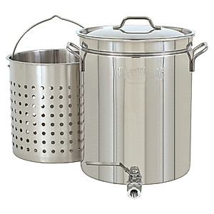 Bayou Classic 1140 40-qt Stainless Stockpot w/ Elevated Steam Basket and Spigot Features Stainless Ball Valve Spigot, Heavy Welded Handles Stainless Vented Lid Stainless Perforated Basket
