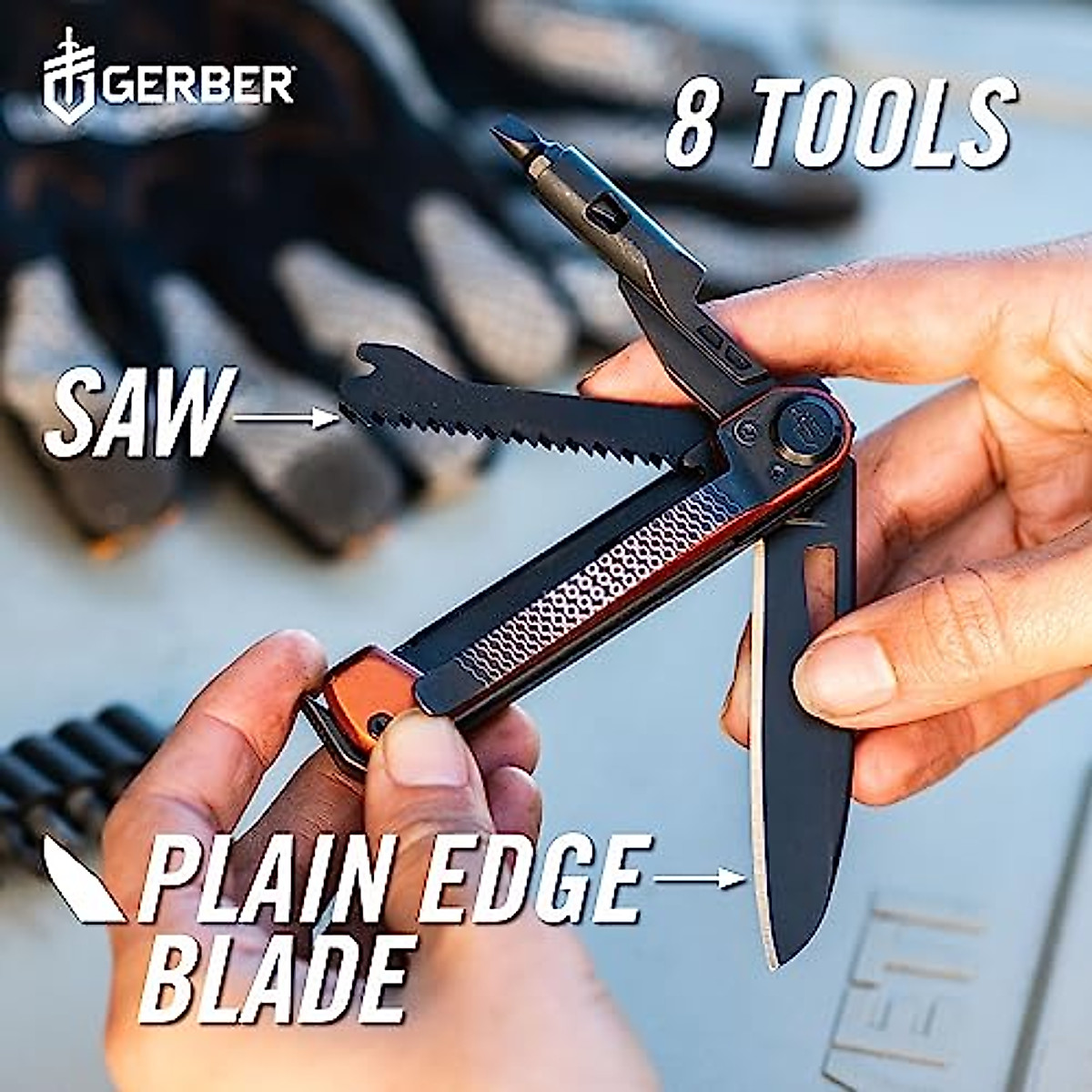 Gerber Gear Armbar Trade 8-in-1 Pocket Knife EDC Multitool with Blade, Pry Bar, and Hammer for Camping, Burnt Orange