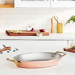 Mauviel M'150 B 1.5mm Polished Copper & Stainless Steel Oval Pan With Brass Handles, 11.8-in, Made in France