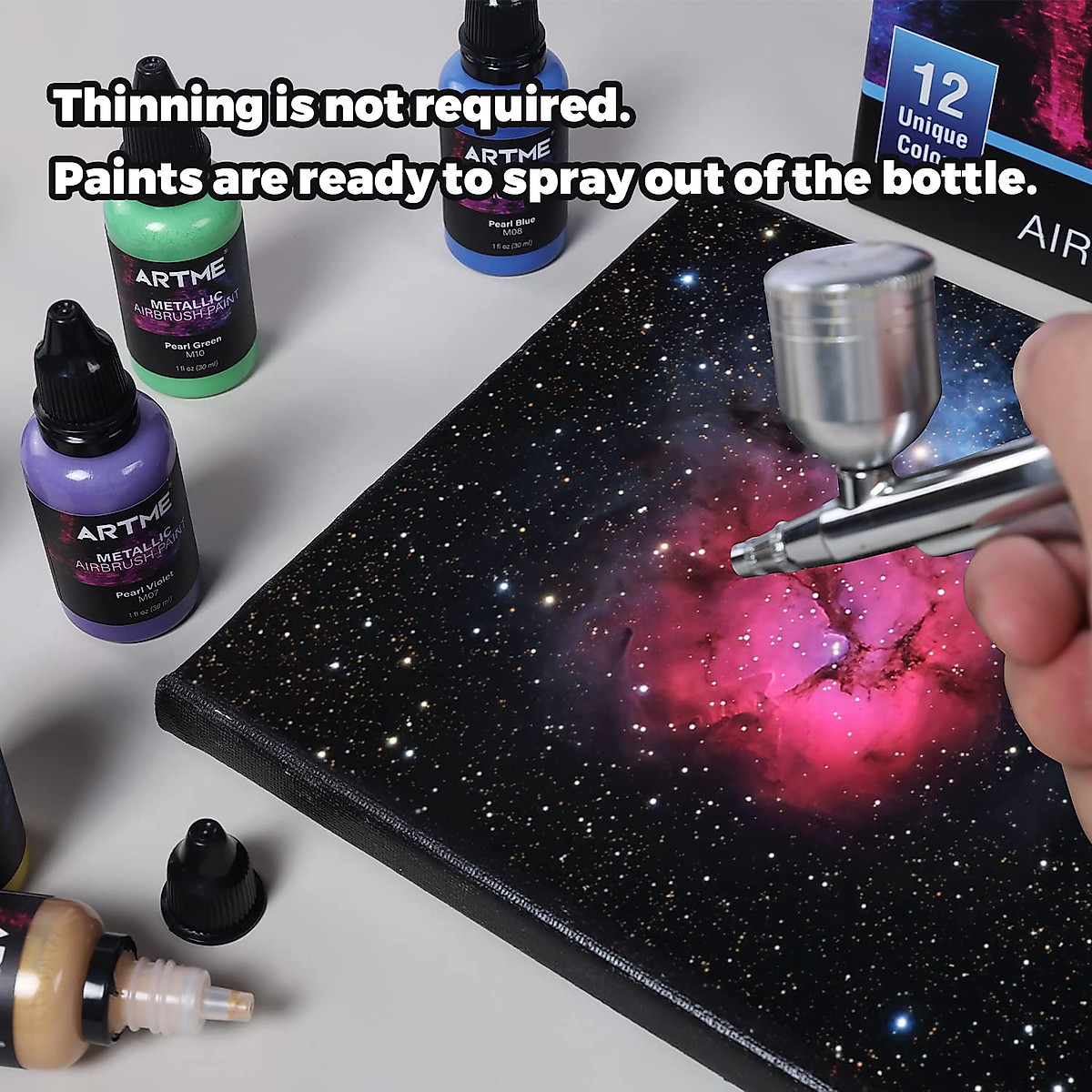 ARTME Airbrush Paint, 12 Metallic Colors Airbrush Paint Set Opaque & Water Based Acrylic Metallic Airbrush Paint, Ready to Spray, Leather & Shoe Airbrush Paint Kit for Artists, Beginners, and Students