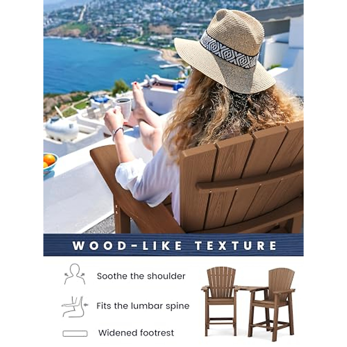 KINGYES Embossed Balcony Chair, Tall Adirondack Chair Set of 2 Outdoor Adirondack Barstools with Connecting Tray, High Airondack Chair with Wood Grain, Brown