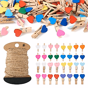 Pandahall 100Pcs Wooden Heart Clothespins Mini Photo Clips Photo Paper Pegs Clips Mixed Color Clothes Pins Holiday Card Holder Display with 10.9 Yards Jute Twine