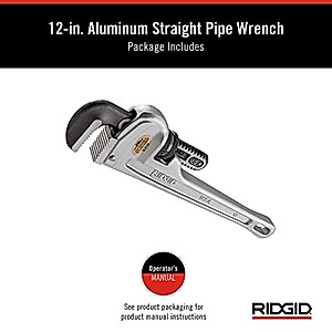 RIDGID 47057 Aluminum Straight Pipe Wrench, 12" Sturdy Plumbing Wrench with Self Cleaning Threads and Hook Jaws