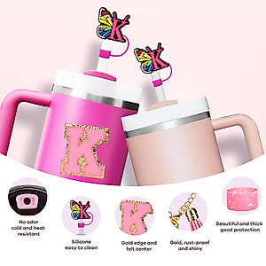 Mity rain 6PCS Cup Accessories Set for Stanley Cup 30oz 40oz, Tumbler Initials Decorations for Stanley, Including Silicone Straw Cover Cap and Boot, Spill Proof Stopper, Handle Charm, Sticker,Letter K