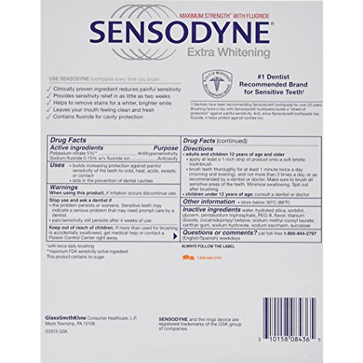 Sensodyne Extra Whitening Fluoride Toothpaste for Sensitive Teeth, 4 ct, 26 Oz