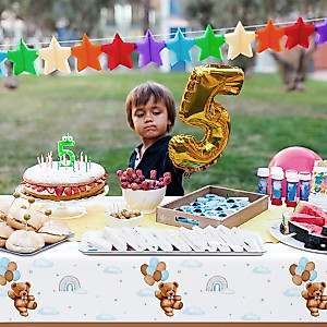 3 Pieces Teddy Bear Baby Shower Tablecloths Plastic Table Cover, Boho Brown Blue Baby Shower Birthday Party Decorations Supplies for Boys Kids Large Size 108×54 Inch Rectangular Cute Bear Table Cloth
