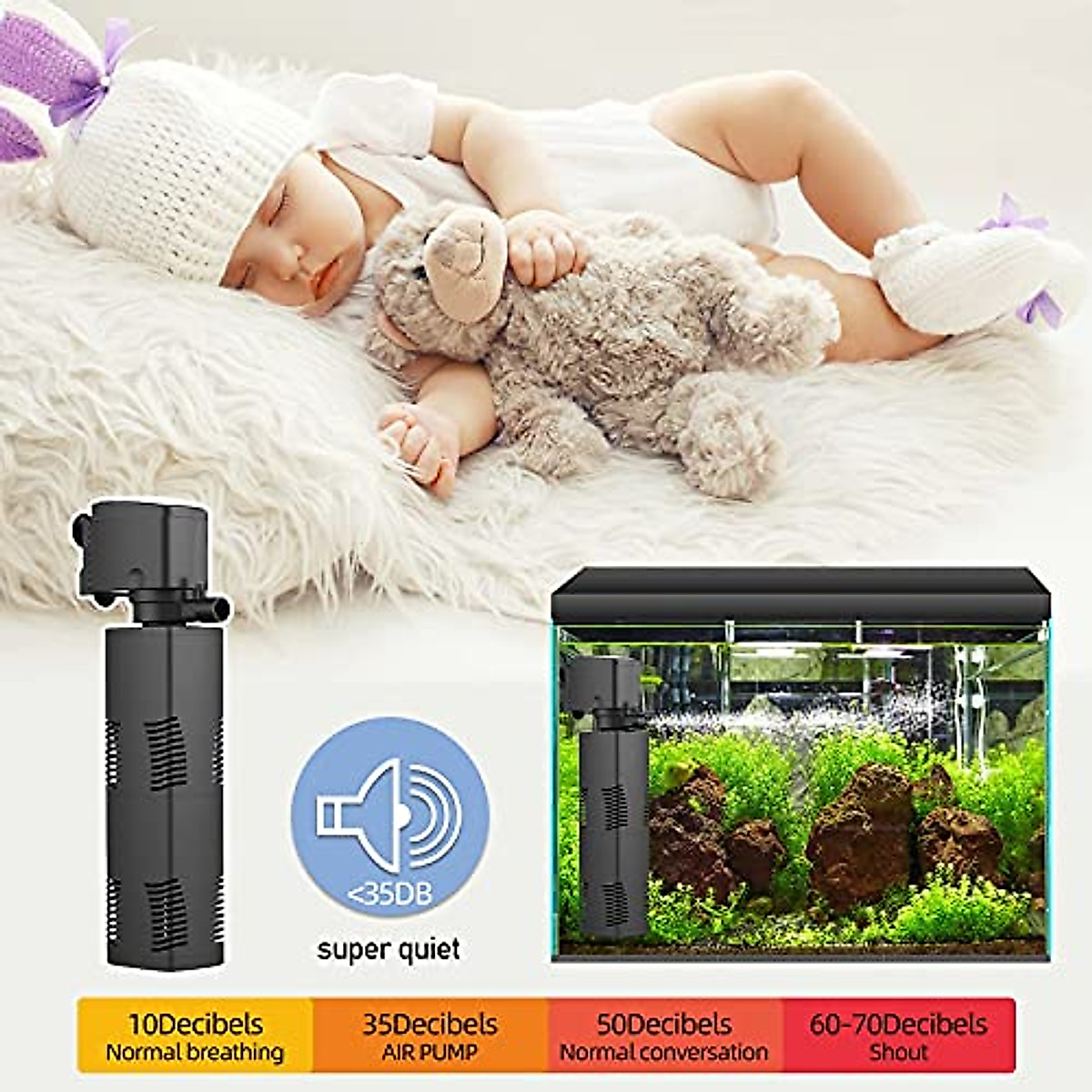 TARARIUM Aquarium Filter for 40-150 Gal. Tank Crystal 300GPH Biochemical Filtration Powerful Pump Submersible Internal Fish Tank Filters Large Tank Pond Clear Wavemaker Air Supply 4 in 1