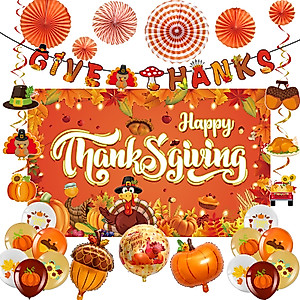 Trgowaul Happy Thanksgiving Day Decorations, 29pcs Orange thanksgiving Party Supplies, Give Thanks Banner Backdrop, Hanging Swirls&Paper Fan Flower Swirl Autumn Balloons, Fall Party Decorations Set