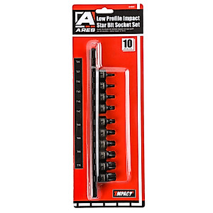 ARES 24001-10-Piece 3/8-Inch Drive Low Profile Impact Torx Bit Driver Set - Chrome-Moly Steel & Manganese Phosphate Coating - Star Bit Size Range T25-T70 - Reusable Storage Rail