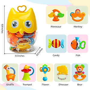 CUTE STONE Baby Rattles Toys Set, Babies Teethers Toys for Baby 3-12 Months, Early Development Learning Toy with Grasp, Spin Rattle Set and Storage Box, Newborn Infant Birthday Gifts for Girls & Boys