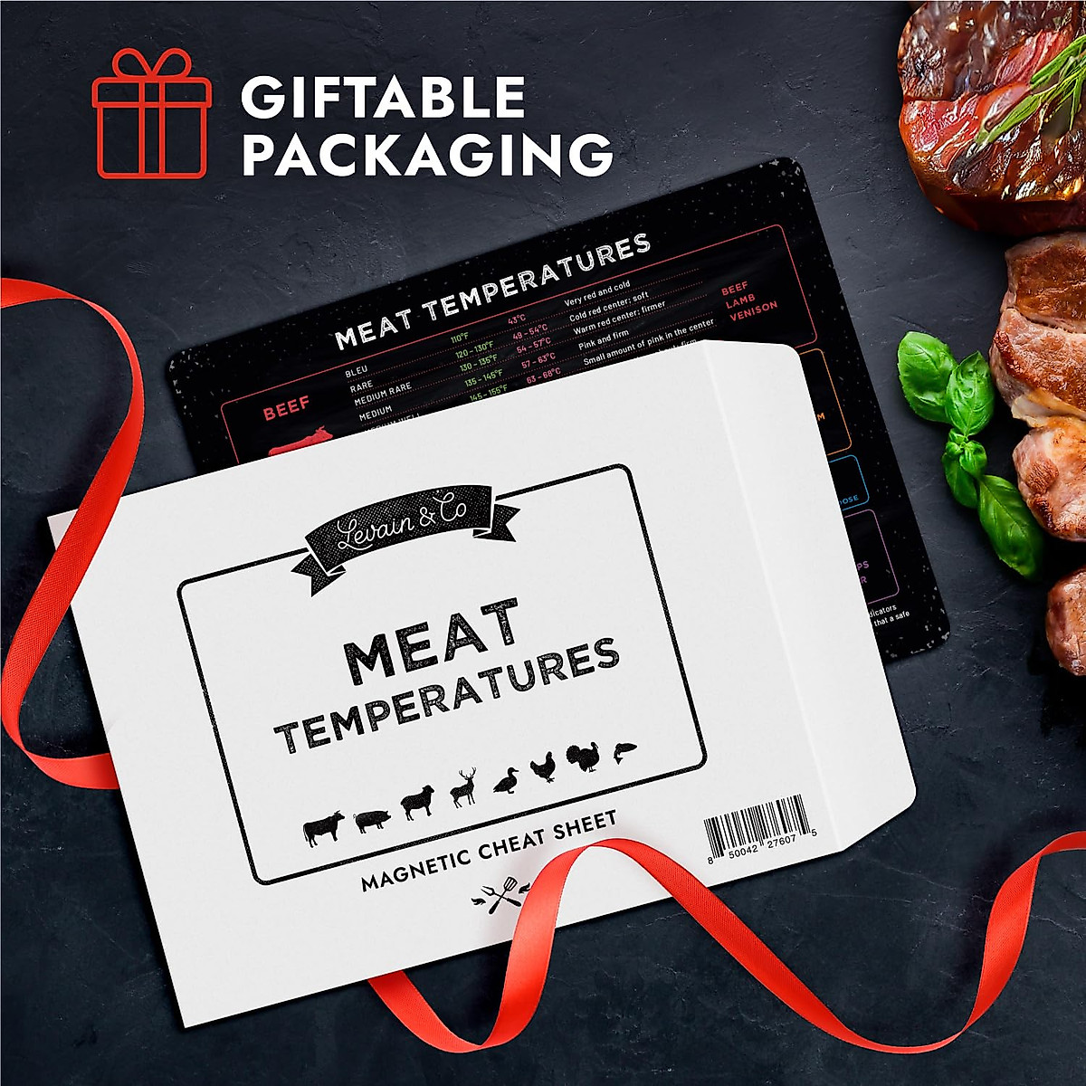 Levain & Co Meat Temperature Magnet - Beef, Poultry, Fish & Pork Cooking Temperature Chart - Horizontal Meat Temperature Chart - Meat Temp Magnet Kitchen Tools Cooking Gadgets - Fridge Accessories