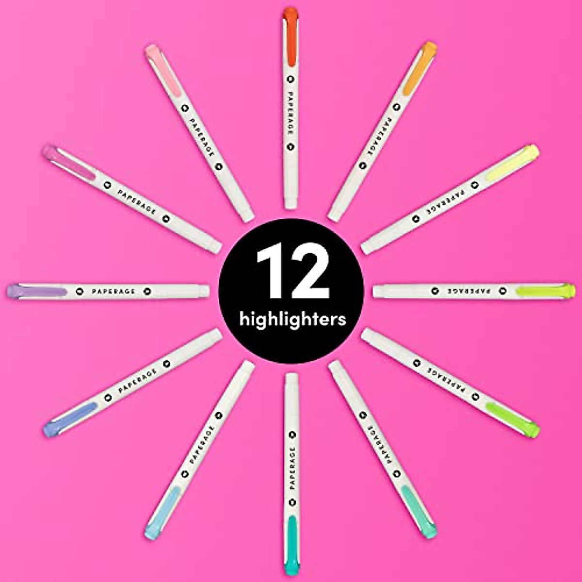 PAPERAGE Dual Tip Highlighters (3.0mm Chisel Tip + 1.0mm Round Tip), Pastel, 12 Pack Dual Tip Brush Pen Set for Highlighting Notes, Drawing, Hand-Lettering, Pens Highlight Markers Journaling and More