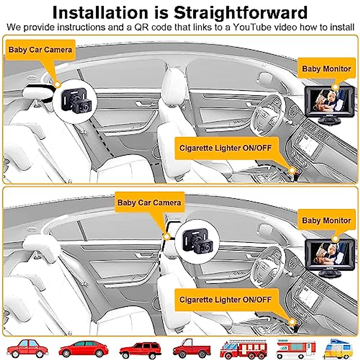 Baby Car Camera Rear Facing: HD 1080P Car Baby Monitor with Camera Wide View 360° Rotation Adjustable Backseat Camera Crystal Night Vision 3 Mins Easy to Install