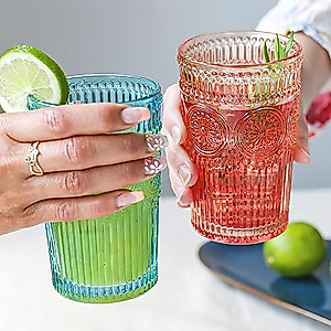 Vintage Textured Rose Gold Striped Drinking Glasses Set of 6, (13 oz) Ribbed Glassware Set | Cocktail Set, Ice Tea Glasses, Juice Glass, Water Cups