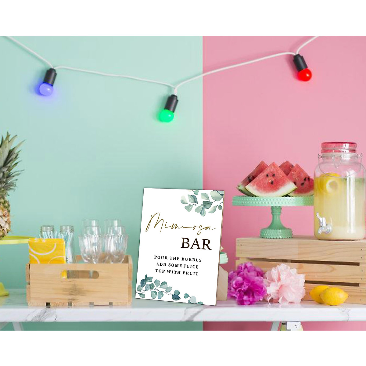 Greenery Eucalyptus Mimosa Bar Sign,Eucalyptus Mimosa Bar Decor,for Wedding Reception & Event Party,Table Centerpieces for Party Event,Bridal Shower Decor,Wedding Party Sign,Wood Signage With Stand,22