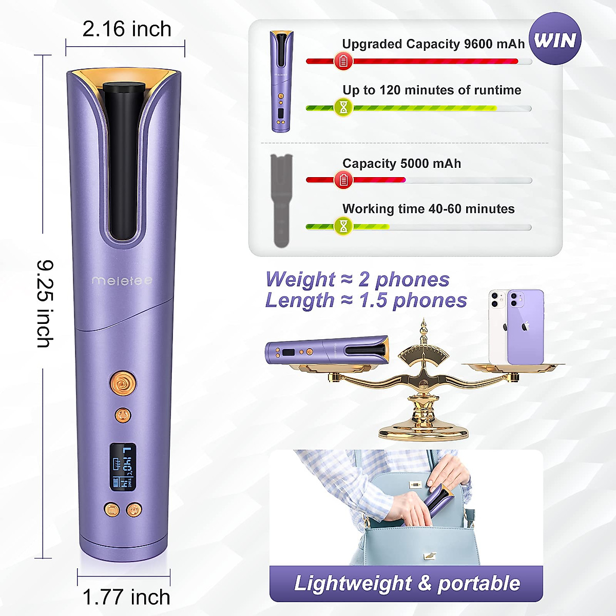 Meletee Cordless Unbound Auto Hair Curler, 9600mAh Super Long Standby Automatic Curling Iron with LCD Display, Portable USB Rechargeable Rotating Ceramic Barrel Hair Curler