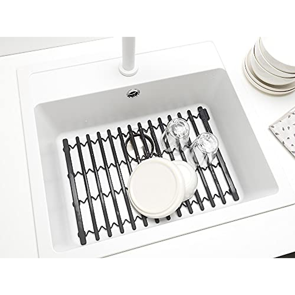 Brabantia Extendable Dish Drying Mat (Dark Gray) Silicone Washing Up Dish Draining Tray, Heat Resistant