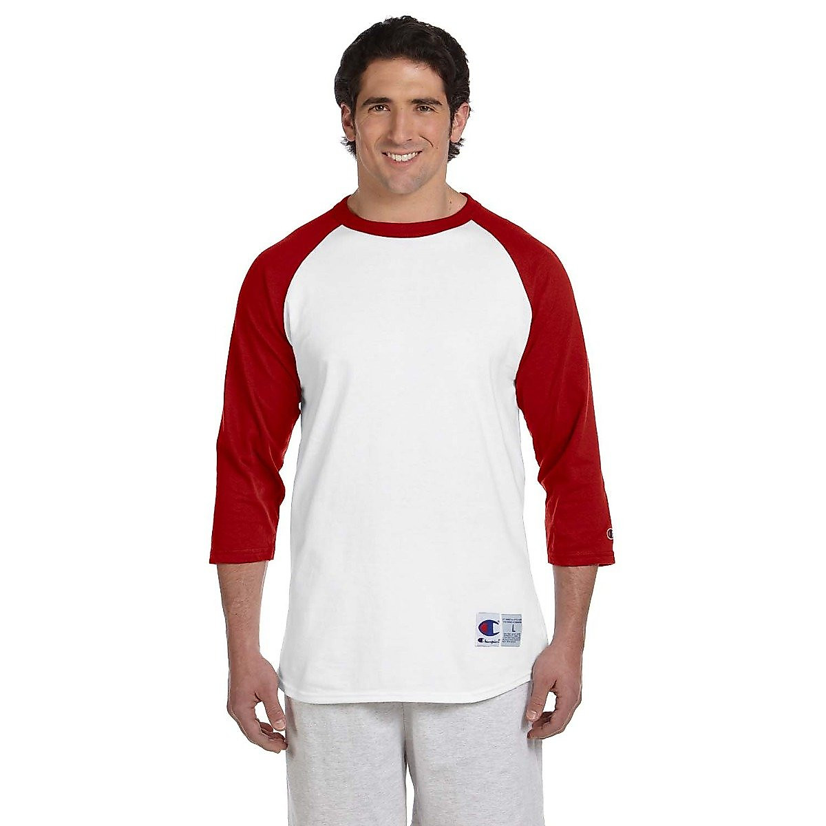 Champion Men's Raglan Baseball T-Shirt, White/Scarlet, X-Large