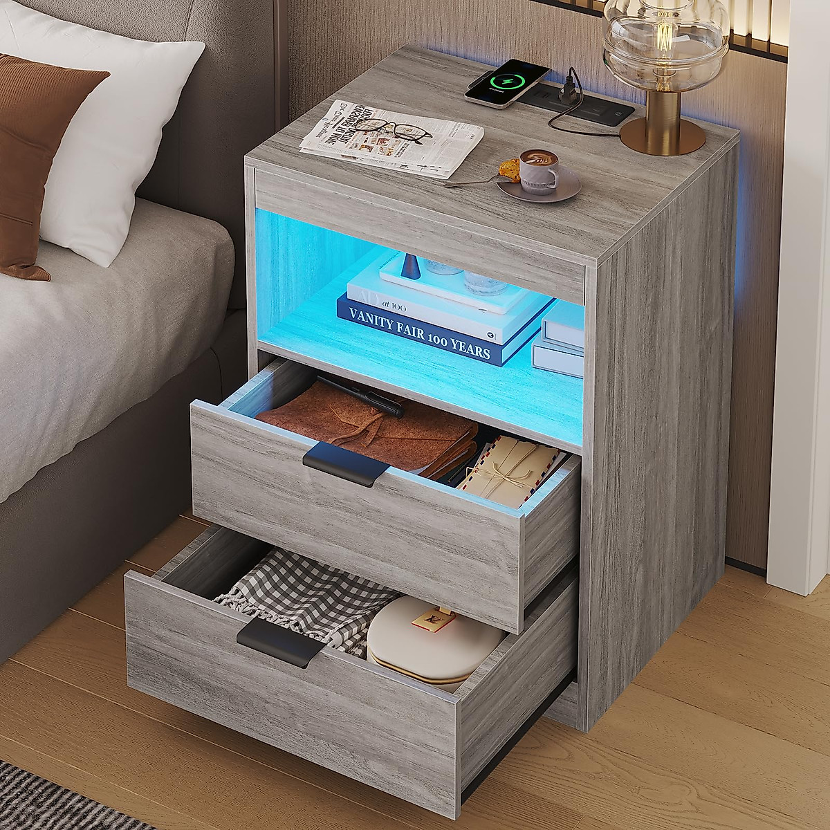 ADORNEVE Nightstand with Wireless Charging Station and LED Lights, Grey Night Stand with 2 Drawers and Open Storage for Bedroom, Bedside Table with Pull-Out Shelf, Modern End Side Table