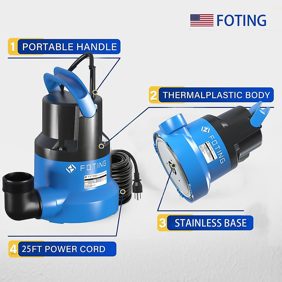 FOTING 1/2HP Submersible Water Pump with Stainless Steel Base - Removes Water to 0.04" Depth, 2450GPH Portable Sump Pump for Puddles, Pools, Boats, Gardens & Ponds - 10Ft Cord Included