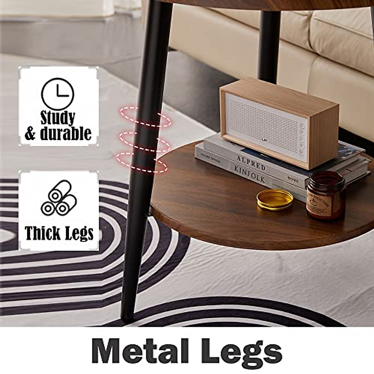 FANTERSI Small Round Side Table, 2-Tier Mid Century Modern Side Table, Round End Table Small Side Table for Living Room, Metal Frames, Brown