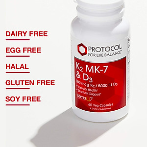 Protocol K2 MK-7 & D3 - Skeletal, Bone, Calcium Absorption & Heart Health Supplement* - for Teeth, Vascular & Immune System Health* - Non-GMO, Kosher, Halal, Soy-Free - 60 Veg Capsules