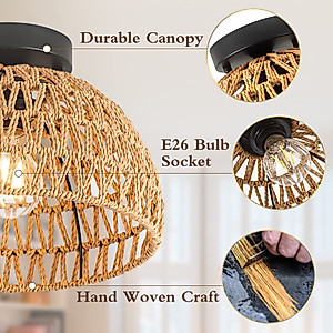 SYTPPLAN Rattan Light Fixtures Ceiling Light, Handmade Woven Cage Boho Light Fixture 11" Semi Flush Mount Light Fixture Coastal Ceiling Light for Hallway Kitchen Entryway Farmhouse Living Room