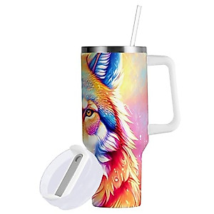 ODAWA 40oz Colorful Wolf Water Tumbler with Handle and Straw, 2 in 1 Lid Vacuum Insulated Tumbler