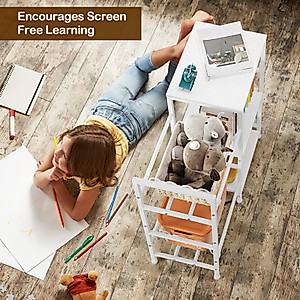 2 in 1 Kids Bookshelf & Kids Toy Storage, 5 Tier Shelf for Kids, Bookshelf with Storage, Kids Bookcase and Toy Storage Organizer for Living Room, Bedroom, Kids Room School & Nursery, Metal, White