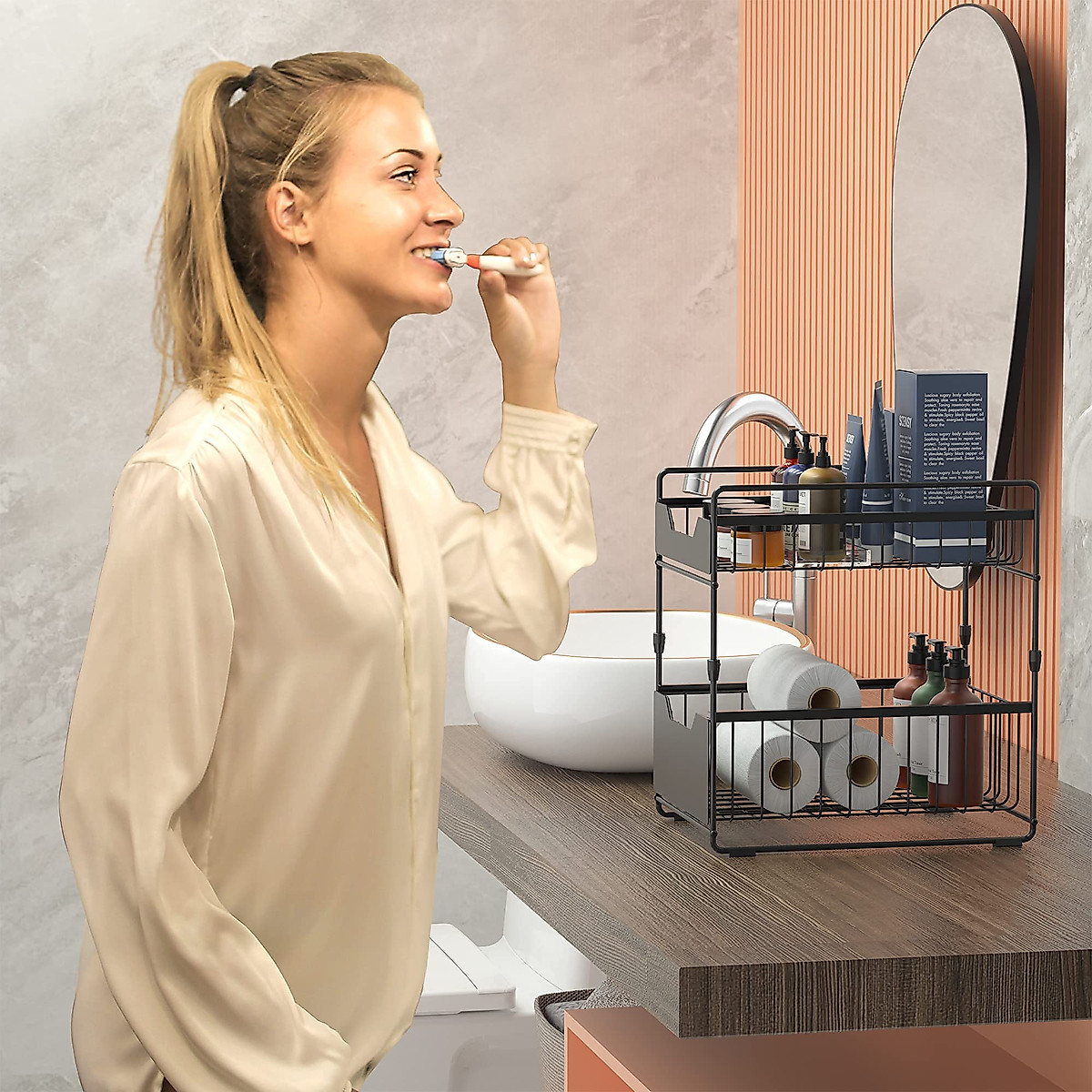 Isharp Spice Rack Kitchen Organizer Cabinet Storage,2-Tier Pull Out Bathroom Storage Under Sink Cabinet Organizers with Sliding Storage Drawer (black)