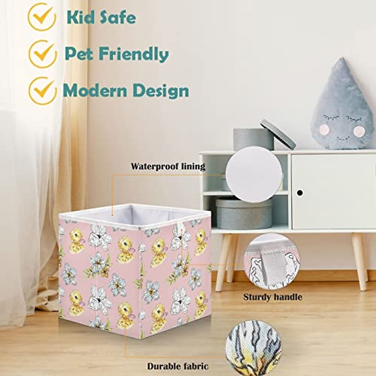 visesunny Closet Baskets Yellow Duck Flower Pink Pattern Storage Bins Fabric Baskets for Organizing Shelves Foldable Storage Cube Bins for Clothes, Toys, Baby Toiletry, Office Supply
