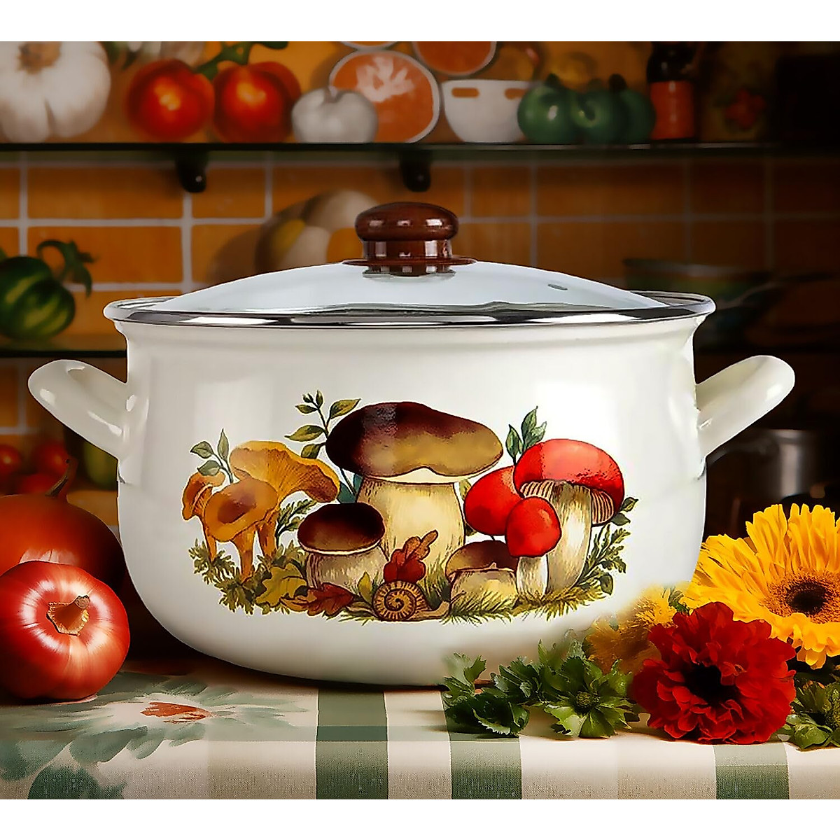 Mushrooms Enamel Belly Deep Stock Pot Set with Tempered Glass Lids Set of 3