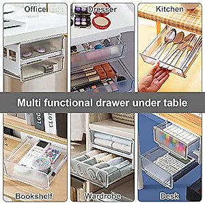 Ceuku Under Desk Drawer Organizer 2 Layers Hidden Drawer, Clear Plastic Attachable Desk Drawer Easy to Install Under Table Drawer Self- adhesive Under Desk Organizer for Office, Wardrobe or kitchen