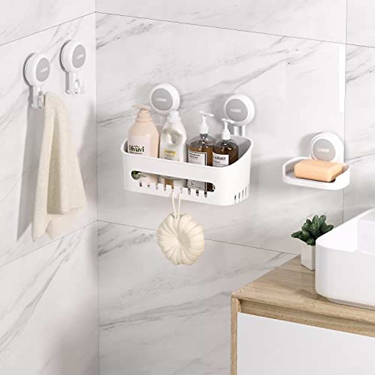 4 Packs Shower Caddy Suction Cup Set - Shower Shelf+Soap Dish+Suction Hooks - One Second Installation NO-Drilling Removable Powerful Waterproof DIY Shower Organizer for inside Shower Bathroom Kitchen