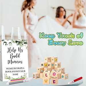 Dinifee 125 Pcs Baby Shower Decorate a Block Game Set Includes Help Us Build Memories Sign 100 DIY Blank Wooden Block 24 Paint Marker Baby Shower Prize for Wedding Baby Shower Game (Leaves)