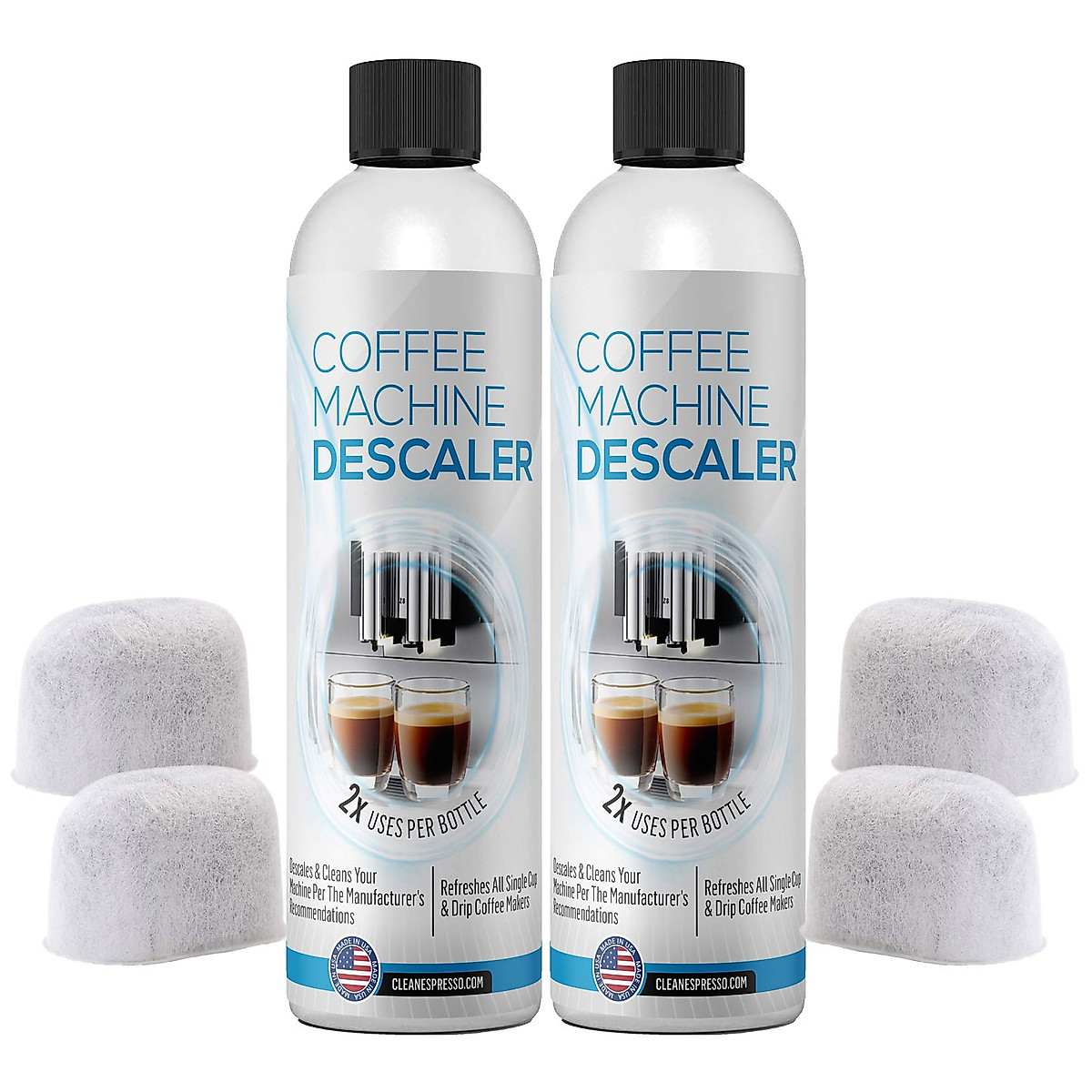 Keurig Compatible Descaling Solution (2 Bottles, 4 Uses Plus 4 Filters) - Universal Descaler Cleaner Concentrate Kit Compatible With All Keurig 1.0 & 2.0 K-Cup Pod Machines and Espresso Machines
